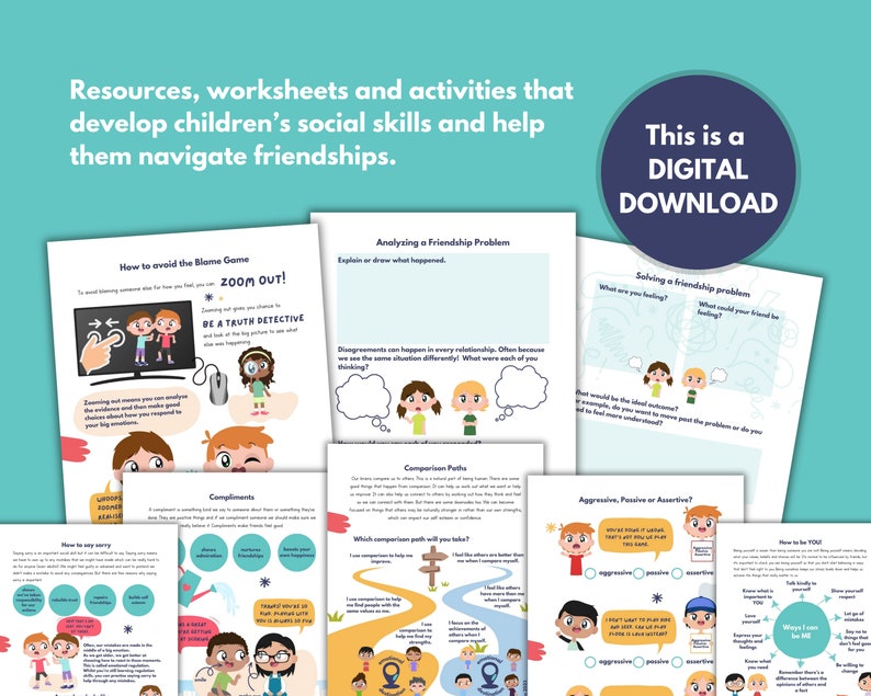 Social Skills, Friendship Kids PRINTABLE Worksheets SEL Assertive ...