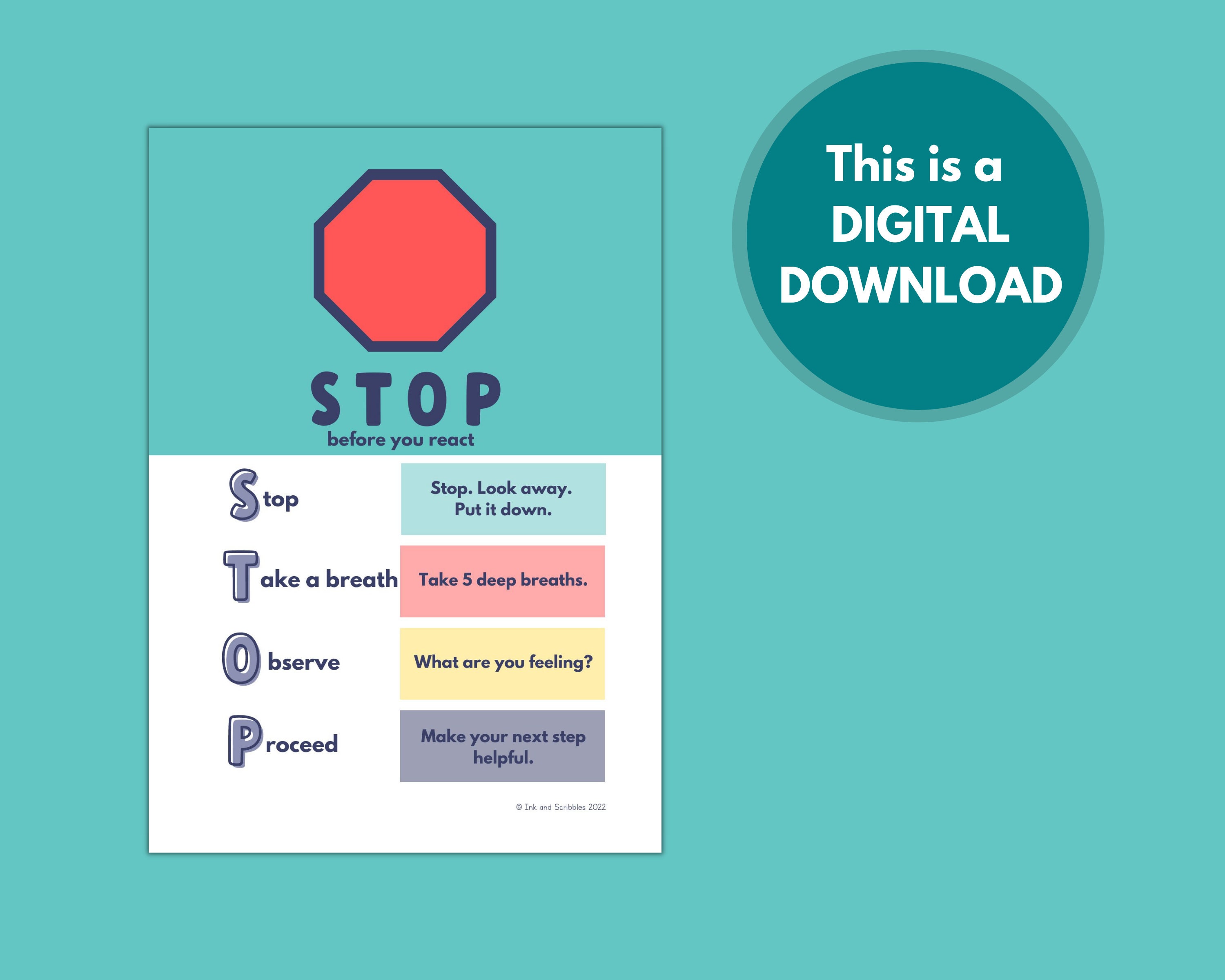 Coping Skills STOP Technique PRINTABLE Poster for Kids Emotional ...