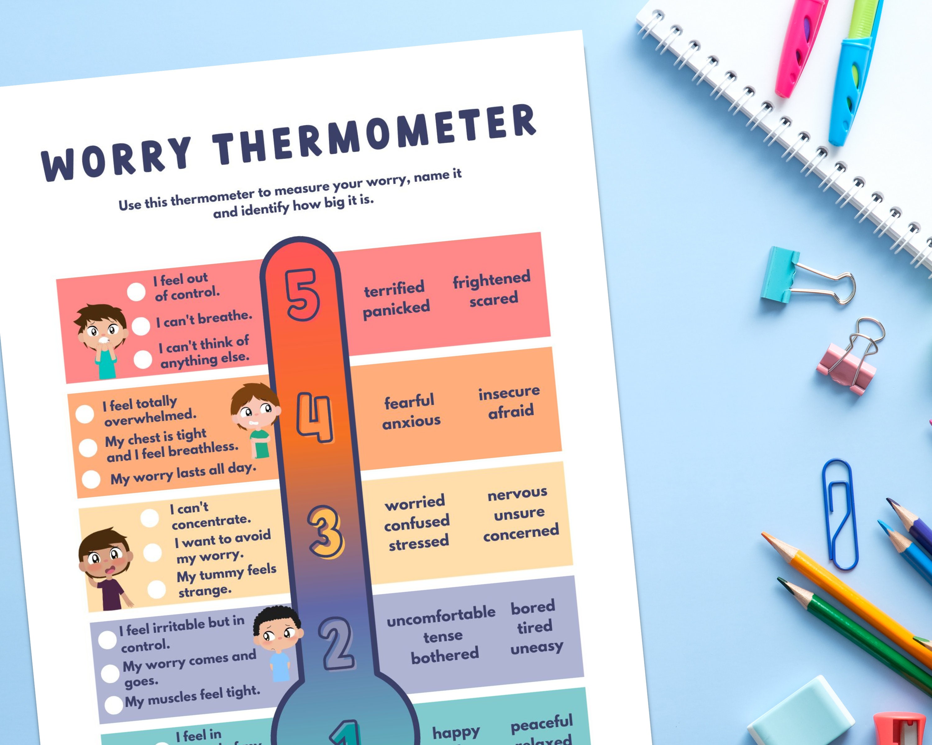 Anxiety Thermometer PRINTABLE for Kids Worry 5 Point Scale to Identify ...