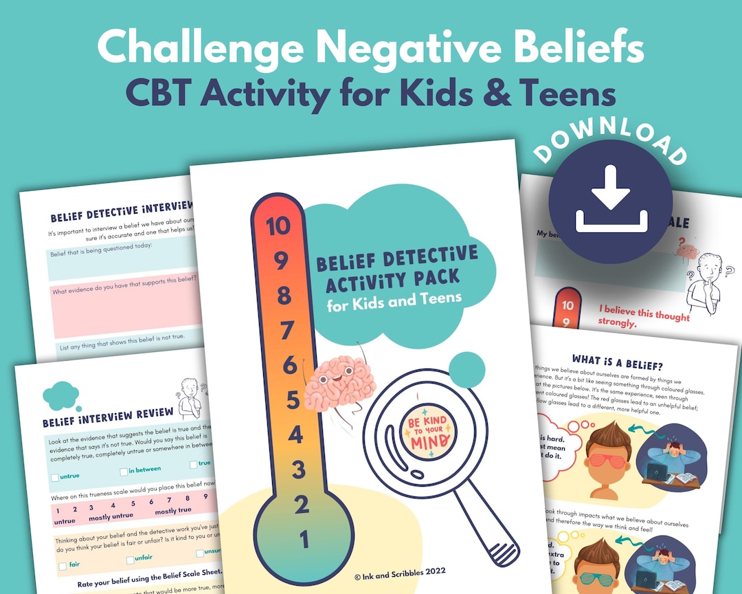 Self Esteem CBT Worksheets for Kids, Teens, Negative Thoughts, Limiting ...