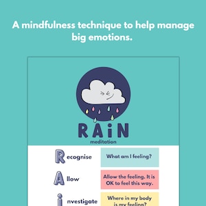 RAIN Mindful Coping Technique Poster for Kids PRINTABLE Anxiety Relief ...