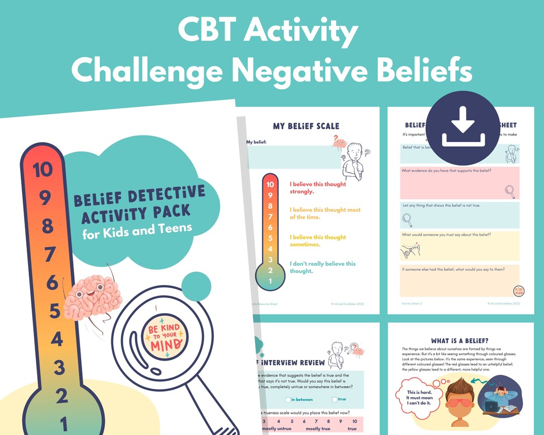 Self Esteem CBT Worksheets for Kids, Teens, Negative Thoughts, Limiting ...