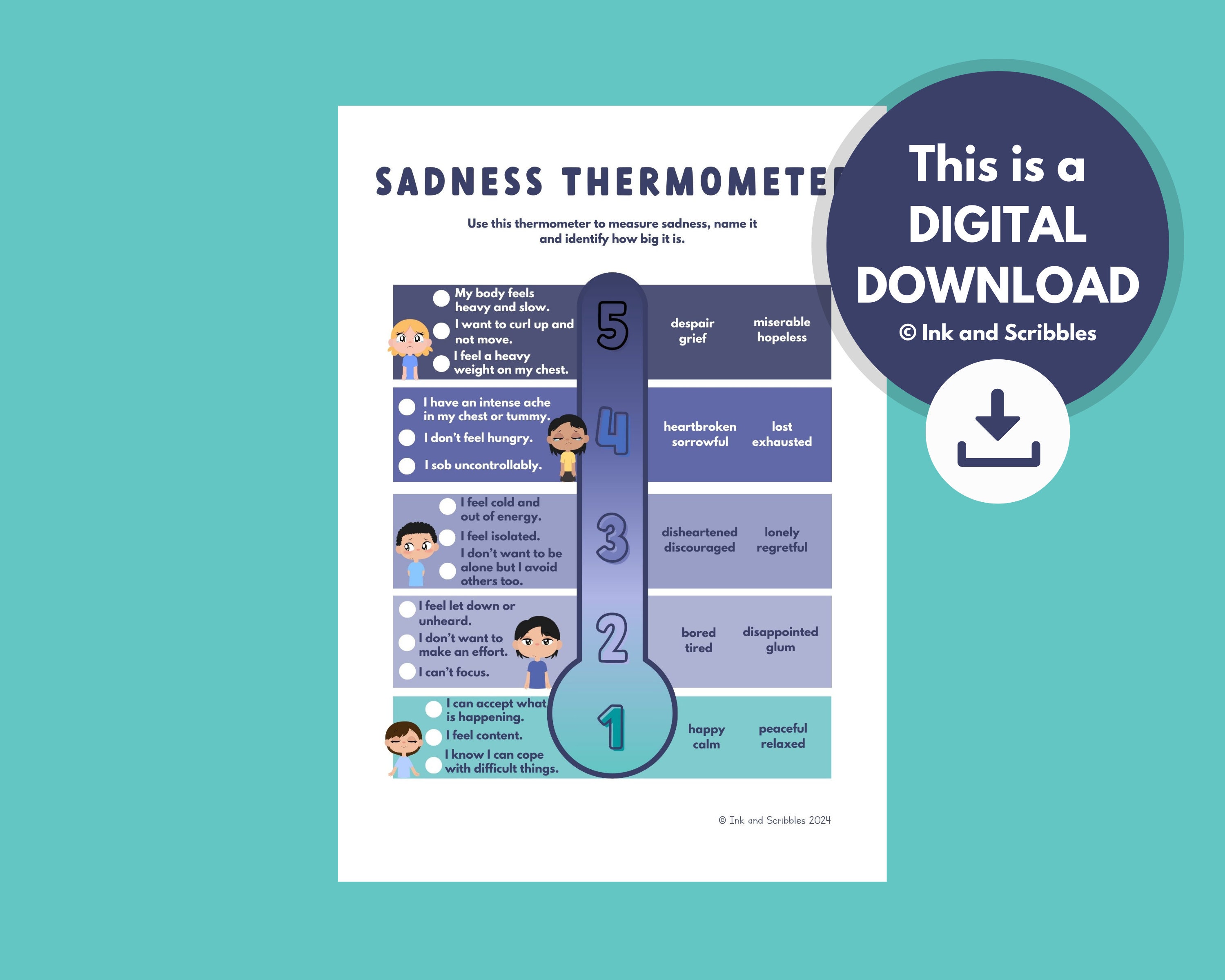 Sadness 5 Point Scale Thermometer PRINTABLE for Kids | Child Grief ...