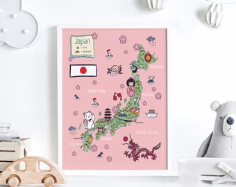 Map of Japan With Cute Illustrations Illustrated Icons and Landmarks ...