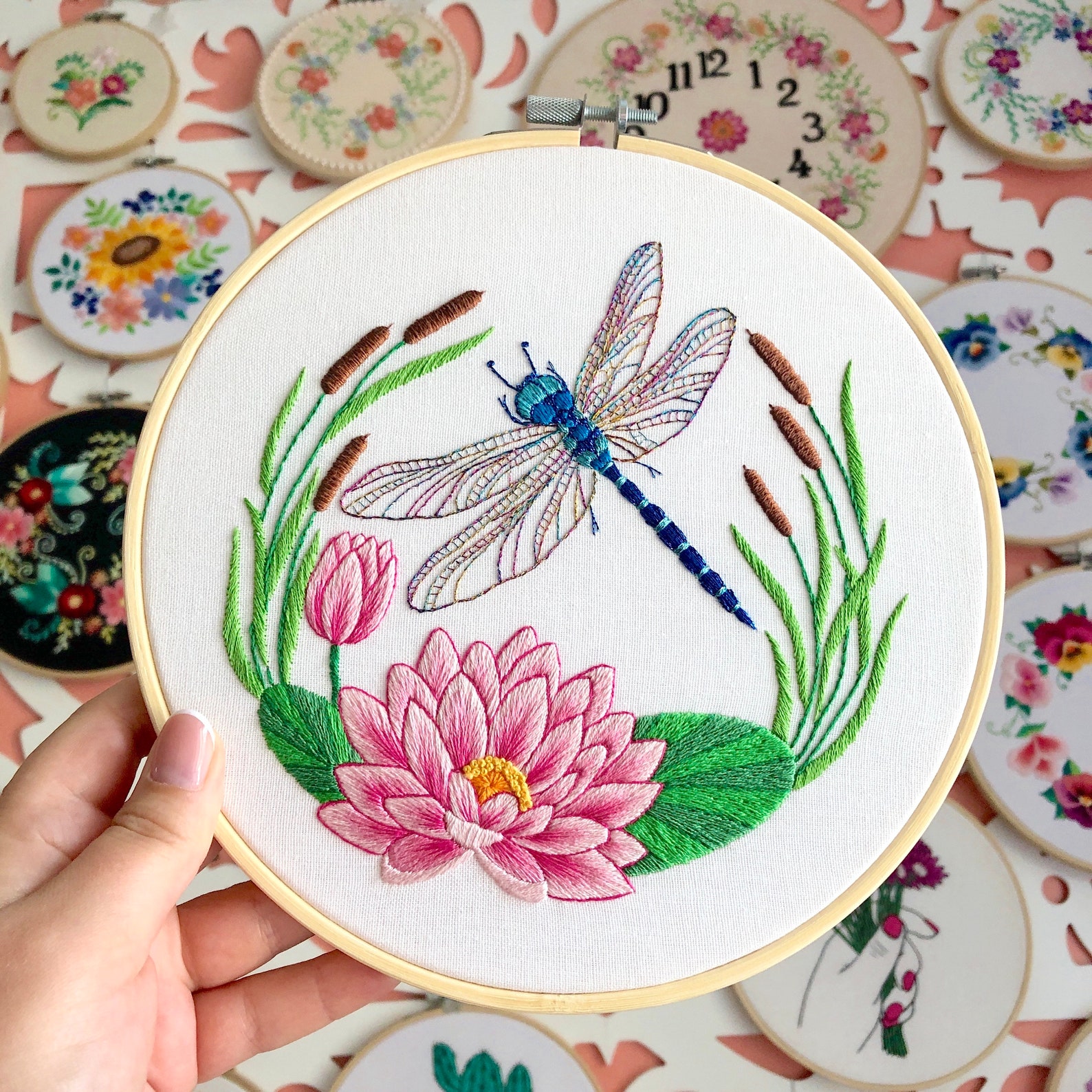Hand Embroidery Pattern Dragonfly and Water Lily Digital | Etsy