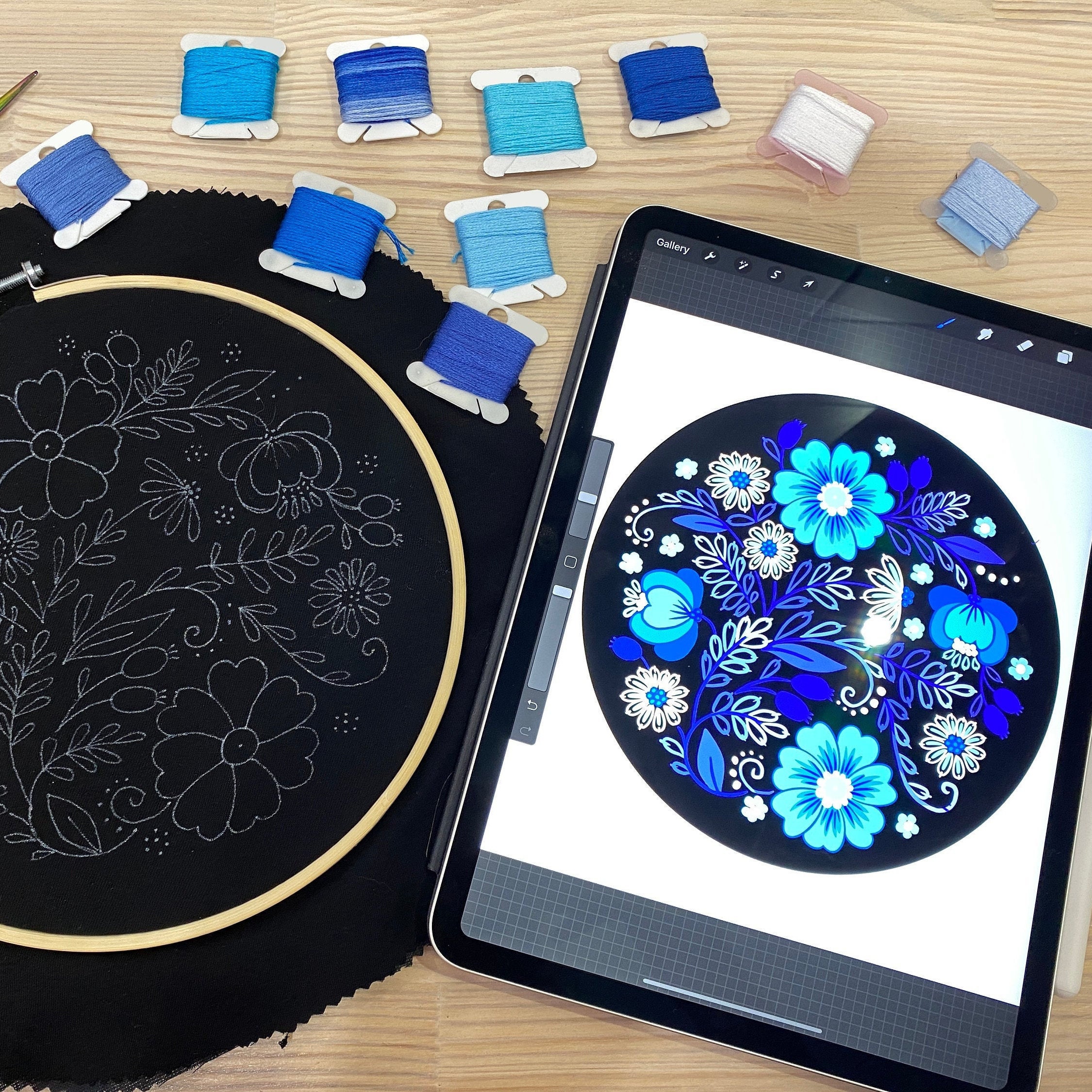 Floral Hand Embroidery Pattern Blue Wild Flowers on Black | Etsy