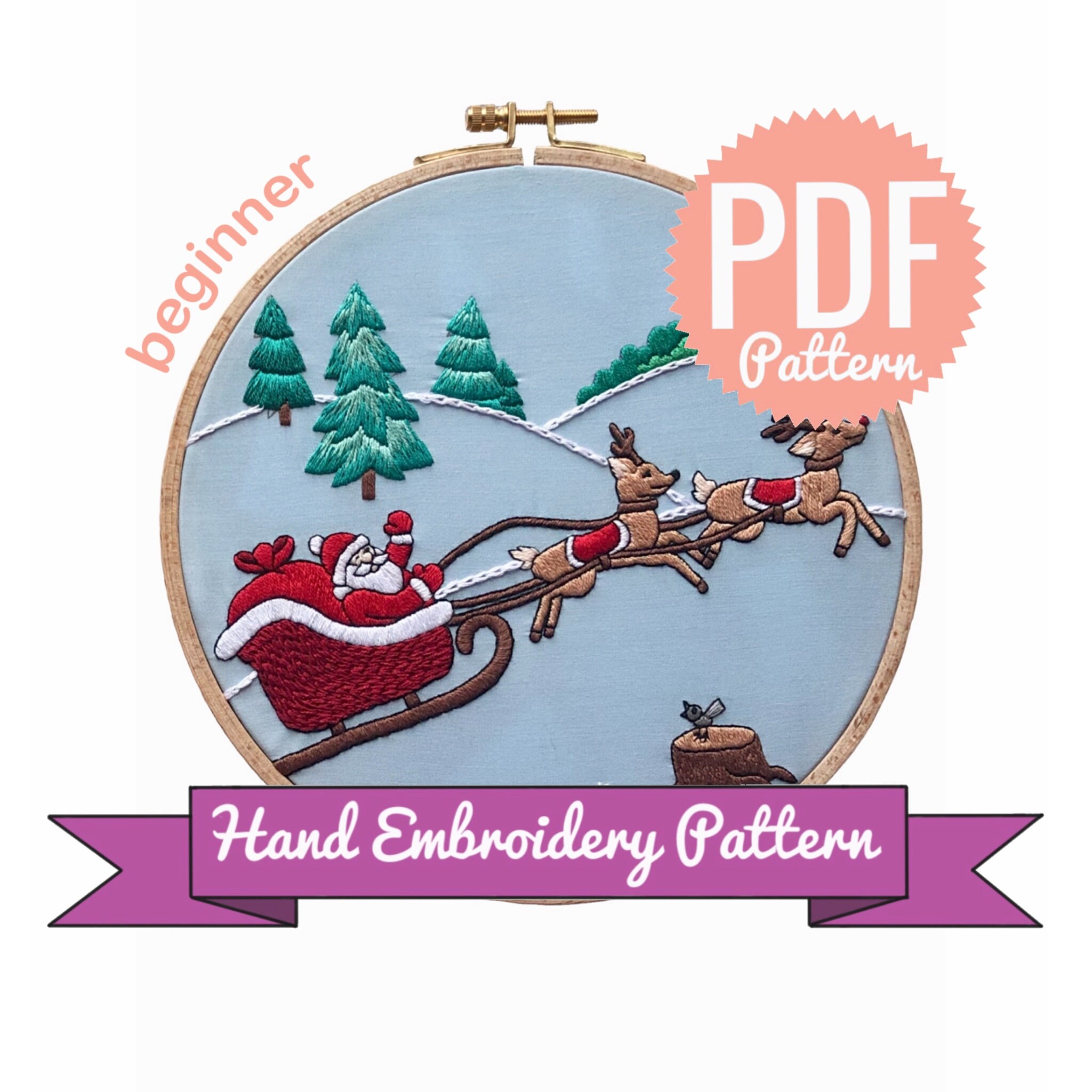 Hand Embroidery Pattern Santa Claus and Reindeers in the | Etsy