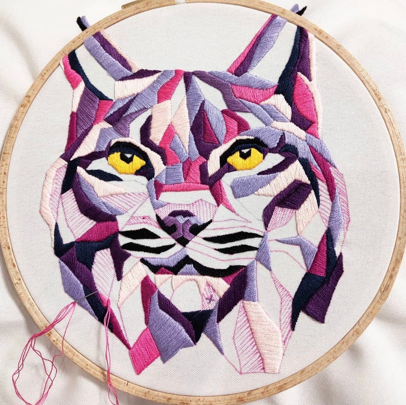 Geometric Bobcat Purple Version Hand Embroidery Pattern | Digital ...