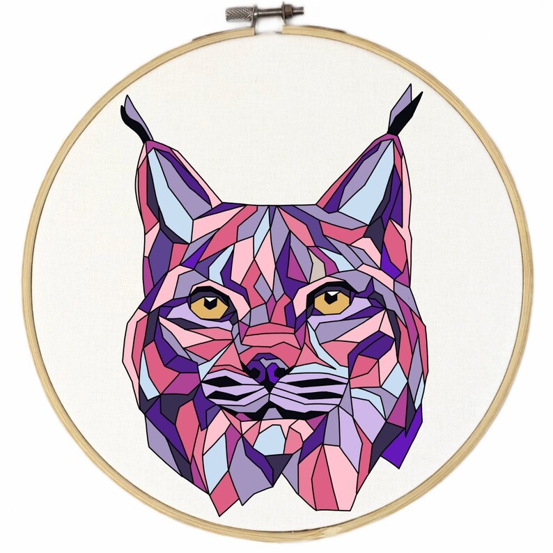 Geometric Bobcat Purple Version Hand Embroidery Pattern | Digital ...