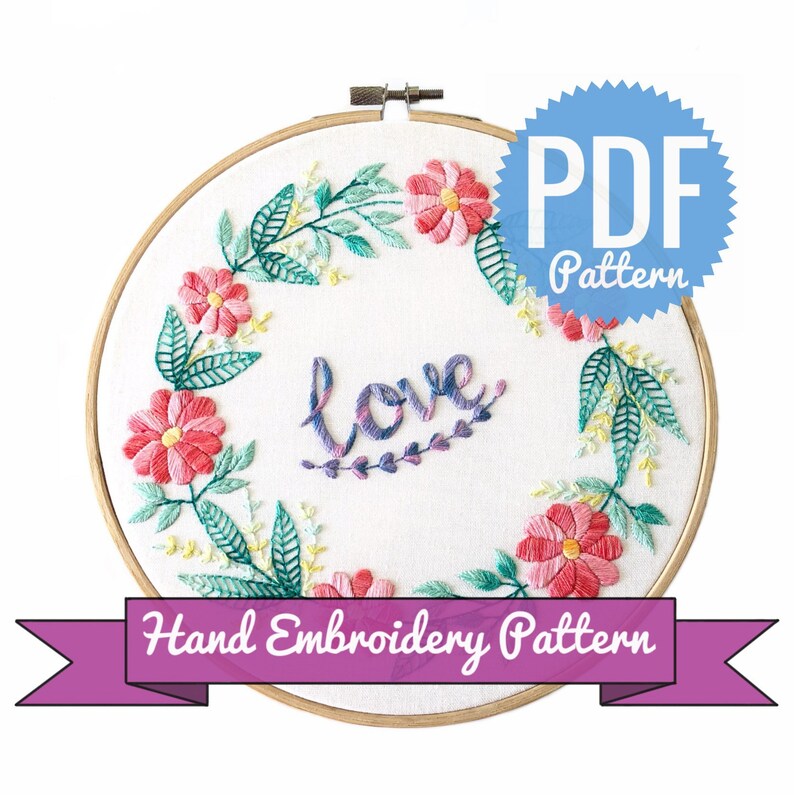 Hand Embroidery Pattern | Love Flower Wreath | Digital Download PDF ...
