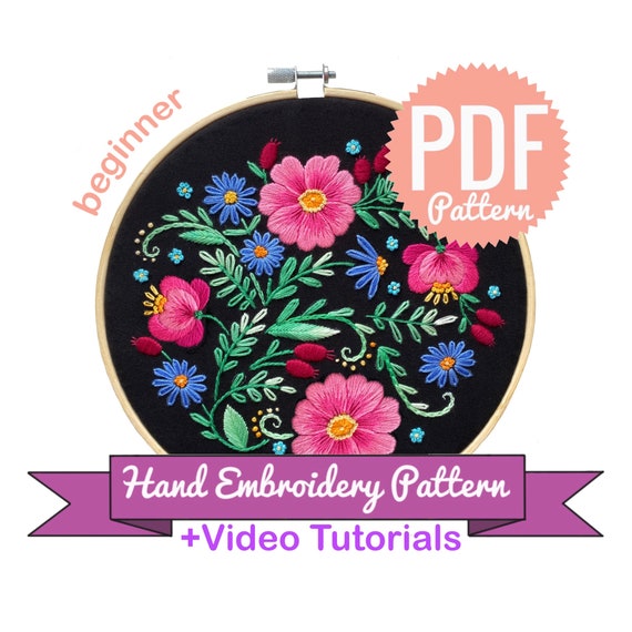 Floral Hand Embroidery Pattern Pink Wild Flowers on Black | Etsy