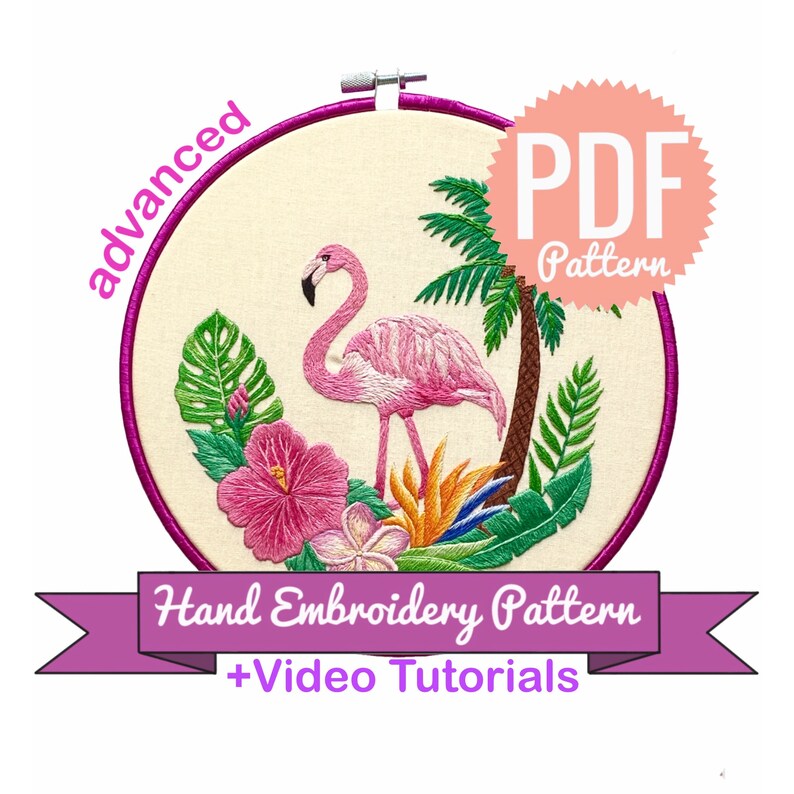 Hand Embroidery Pattern | Flamingo & Tropical Flowers | Digital ...