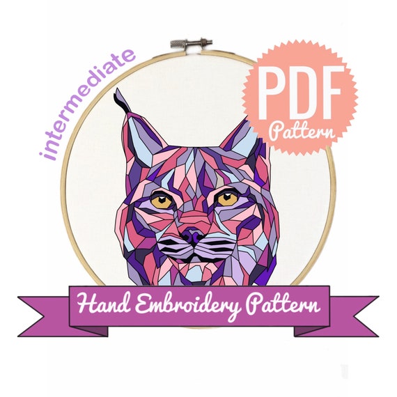 Geometric Bobcat Purple Version Hand Embroidery Pattern - Etsy