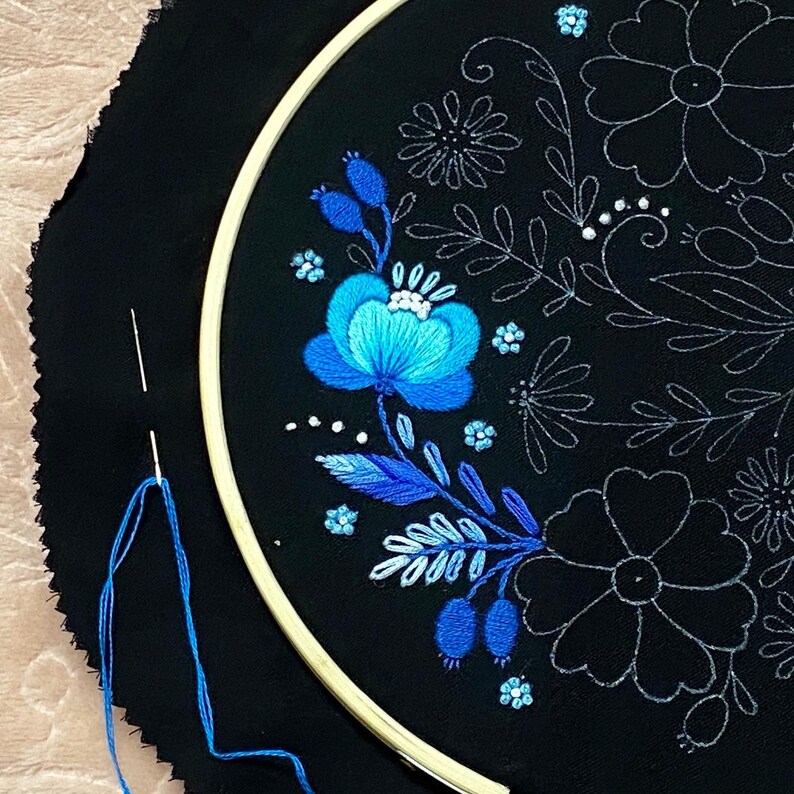 Floral Hand Embroidery Pattern | Blue Wild Flowers on Black | Digital ...