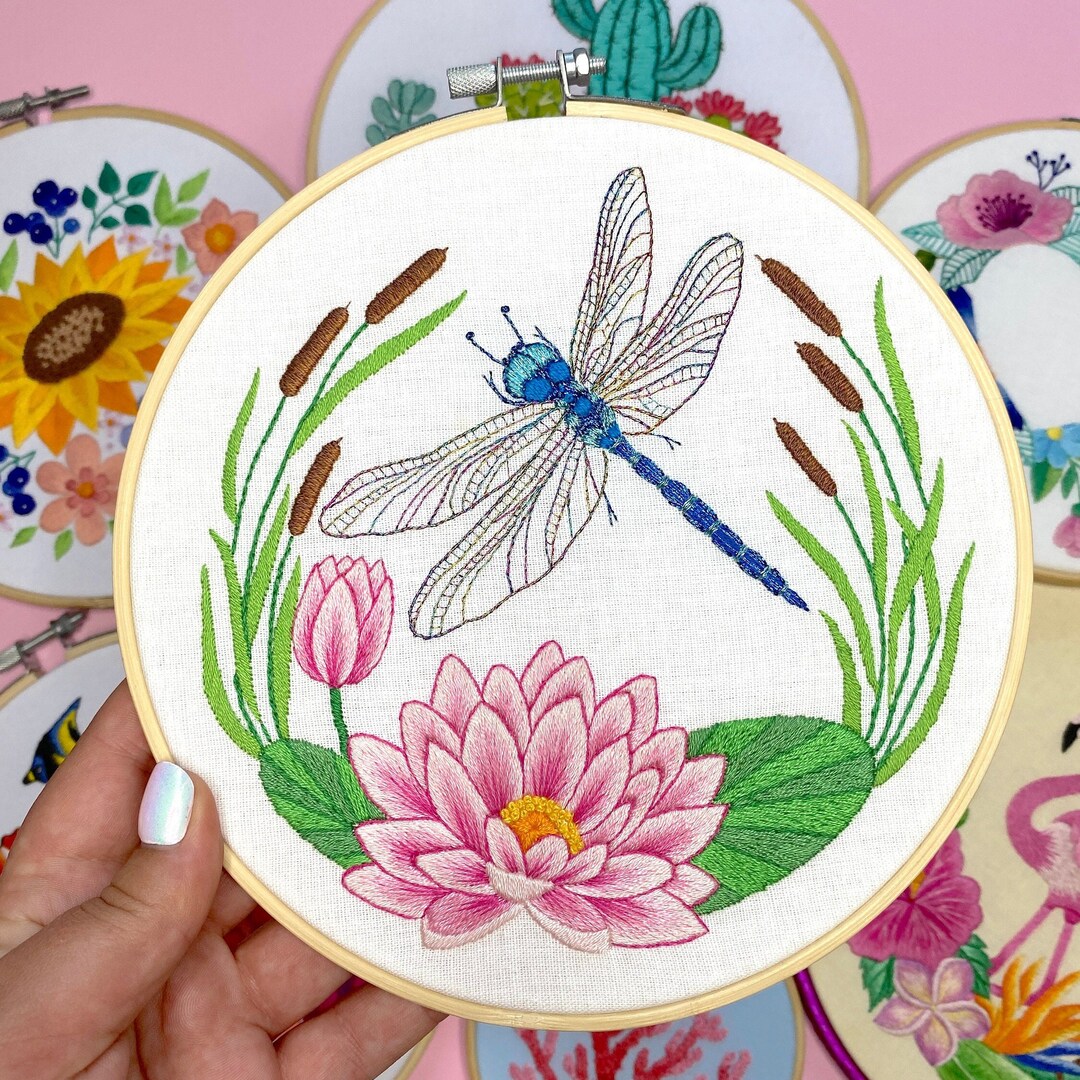 Hand Embroidery Pattern | Dragonfly and Water Lily | Digital Download ...