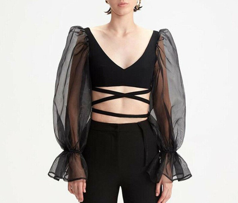 Sheer Top Puffy Sleeve Blouse Crop Blouse Cropped Mesh Etsy