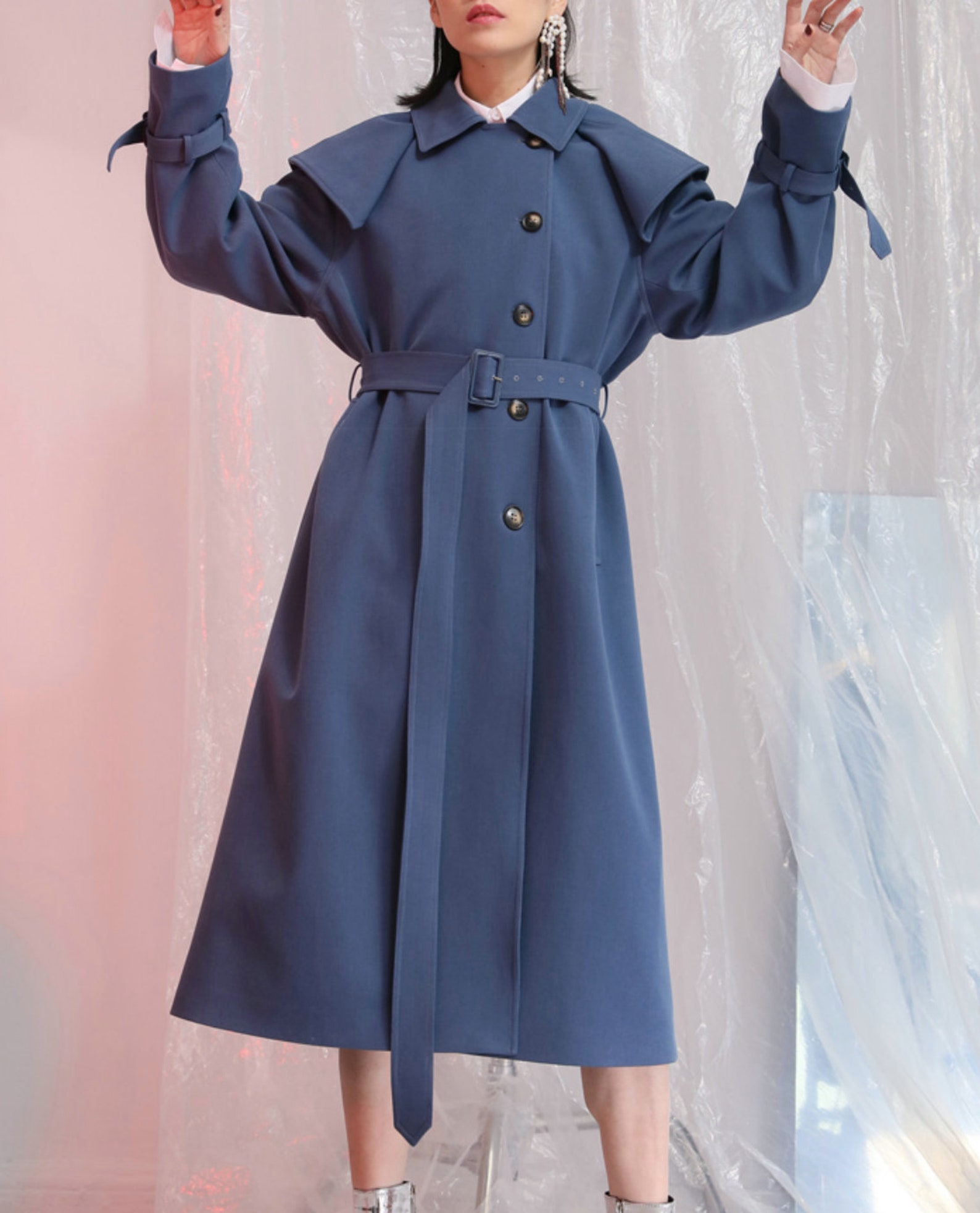 Trench Coat Blue Long Jacket Trenchcoat Duster Cape - Etsy