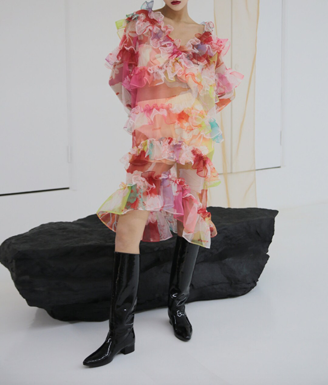 Multicolor Dress Ruffle Tulle Sheer Slip Organza Boho Festival Ruffled ...
