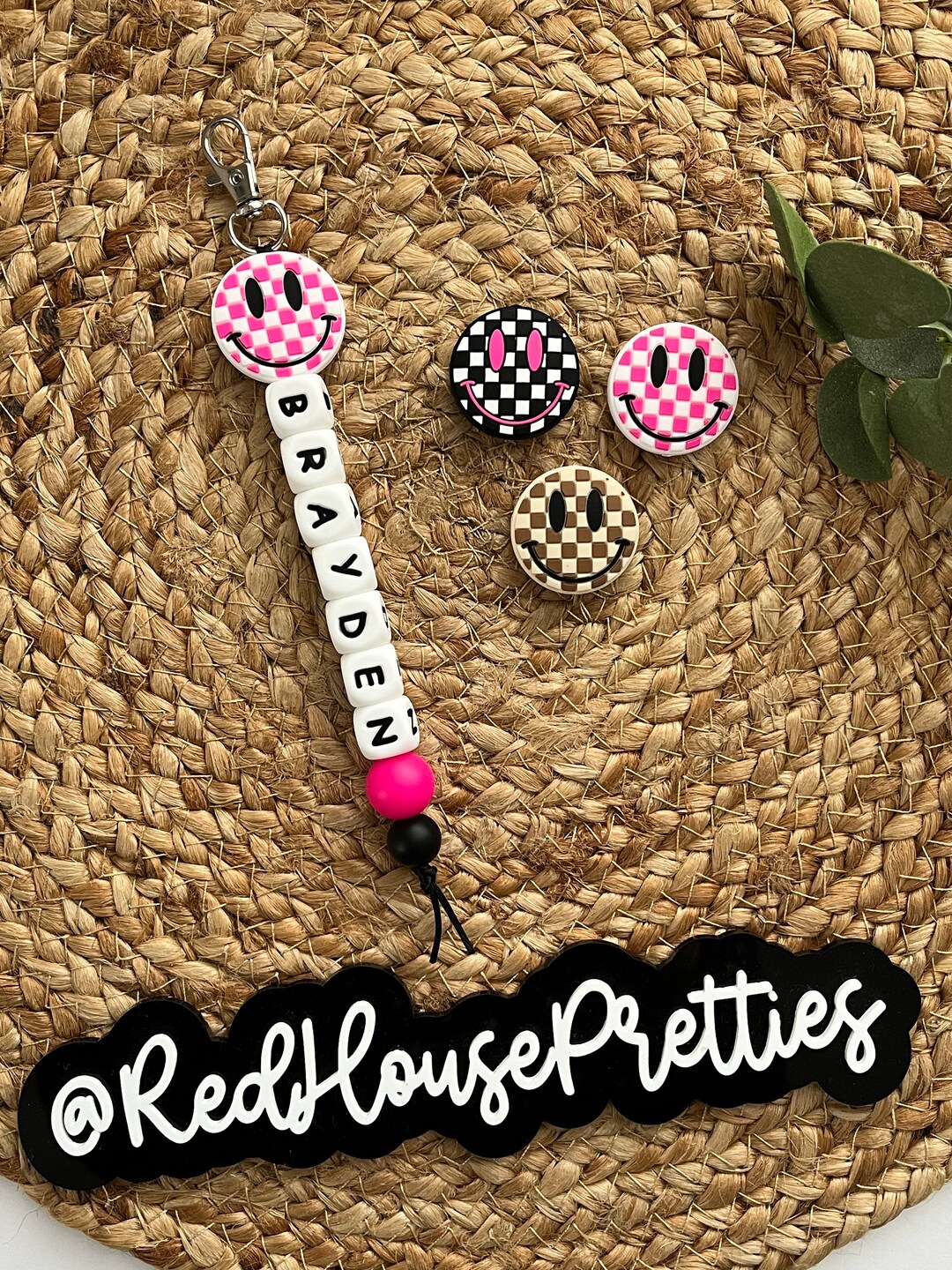 Checkered Smiley Custom Name Tag Keychain, Bag Bling, Zipper Charm ...