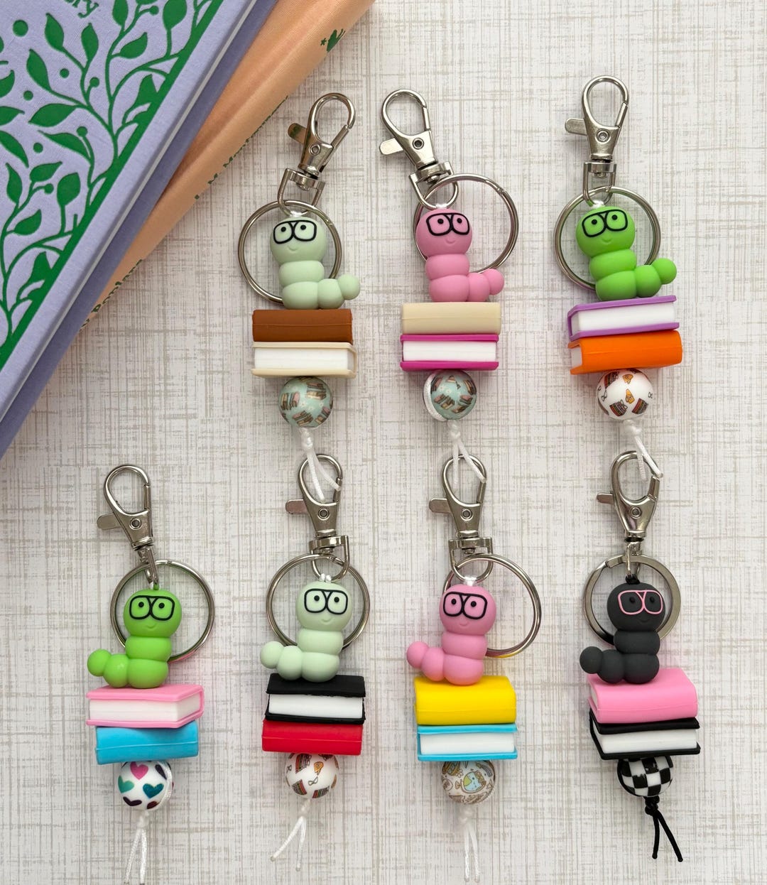 Bookworm Keychain, Bag Bling, Gifts for Her, Gift, Keychain, Worm ...