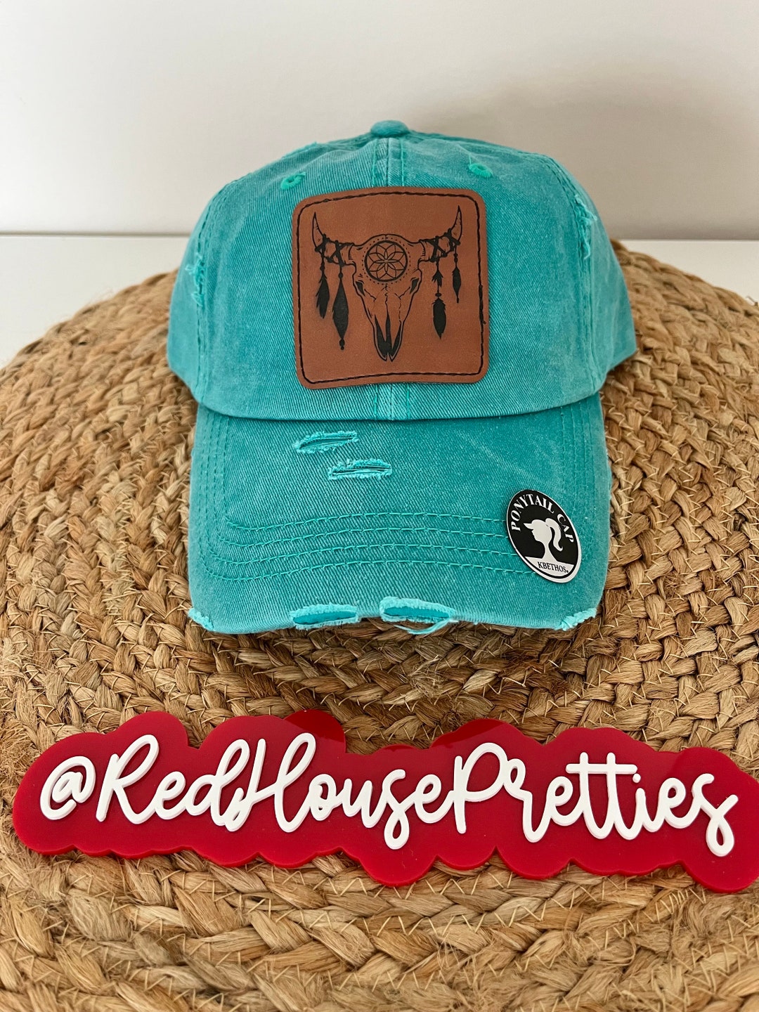 Bull Skull Ponytail Hat, Baseball Cap, Leatherette Patch, Distressed ...