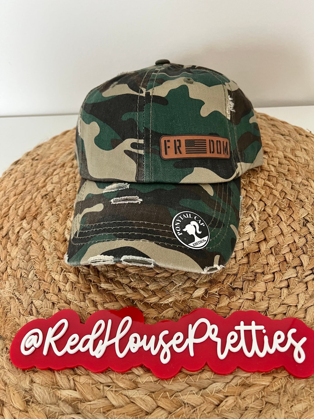 Freedom Camo Ponytail Hat, Baseball Cap, Leatherette Patch, Distressed ...