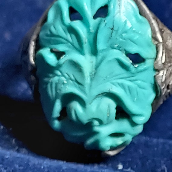 Chinese Carved Turquoise Style Mystery Face Silver R… - Gem