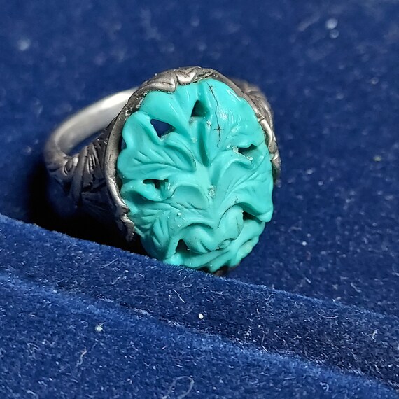 Chinese Carved Turquoise Style Mystery Face Silver R… - Gem