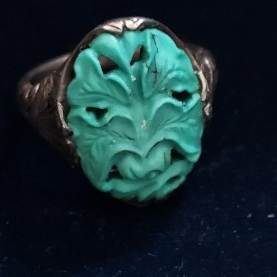 Chinese Carved Turquoise Style Mystery Face Silver R… - Gem