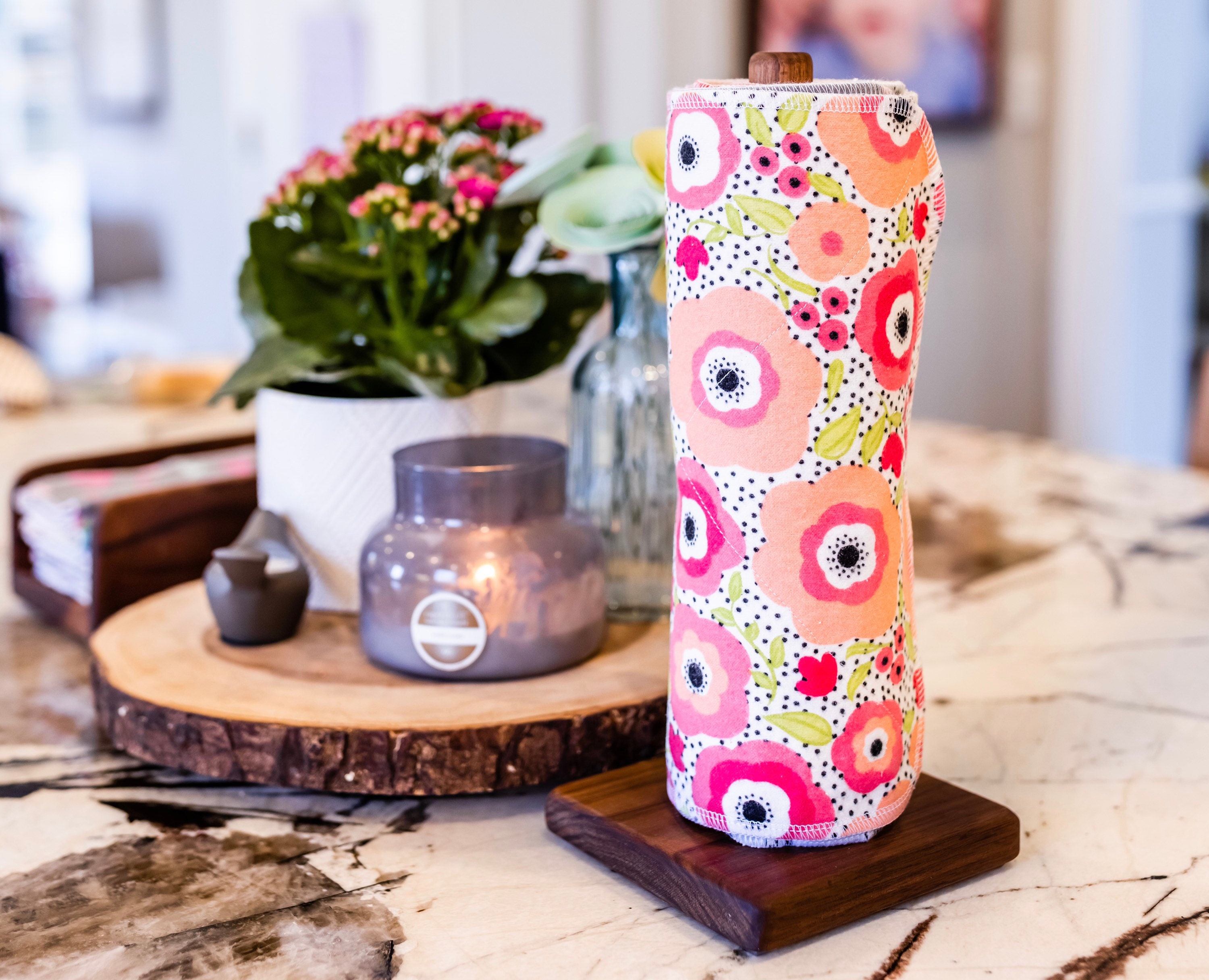 Reusable Paper Towels | Paper Towel Holder | Pink Floral Valentines Day ...