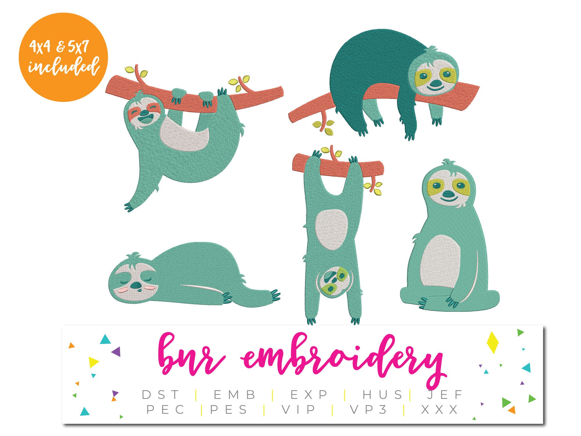 Cute Sloth Animal Machine Embroidery Design Bundle for Kids, 5 Designs ...
