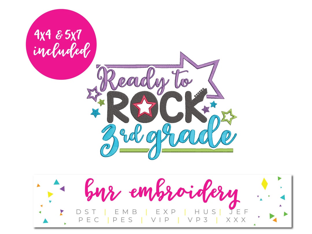 Back to School Embroidery Design, Ready to Rock 3rd Grade Back to ...