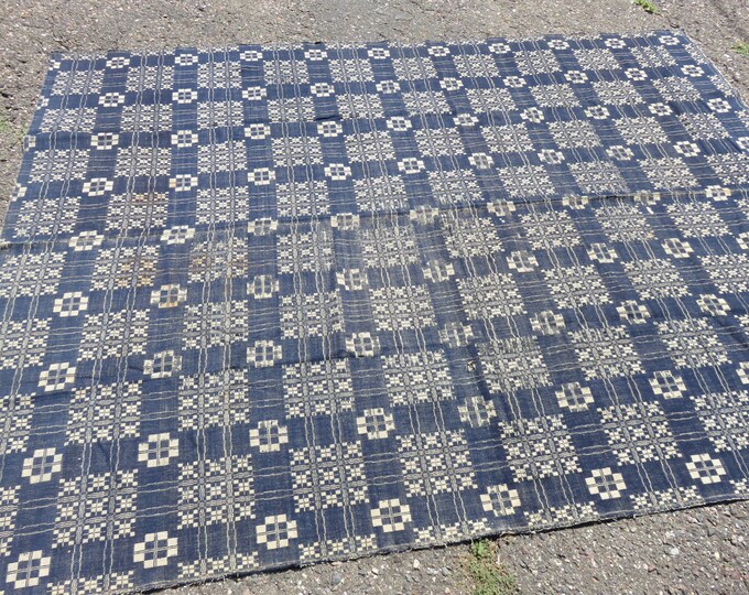 Antique Linsey-woolsey Coverlet Blanket / Blue White Hand Woven ...