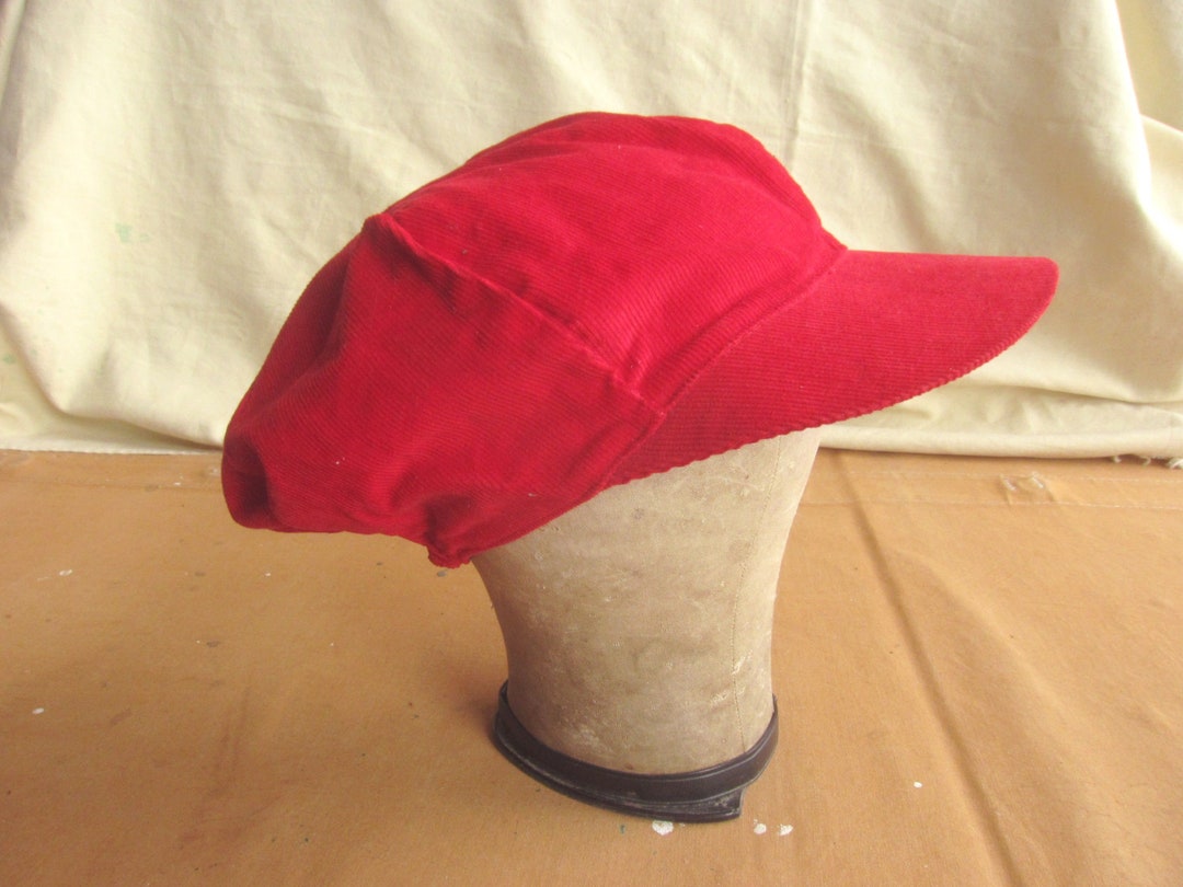 XL 60s / 70s Corduroy Applejack Cap / Red Lined Hunting Hat Cord 1970s ...