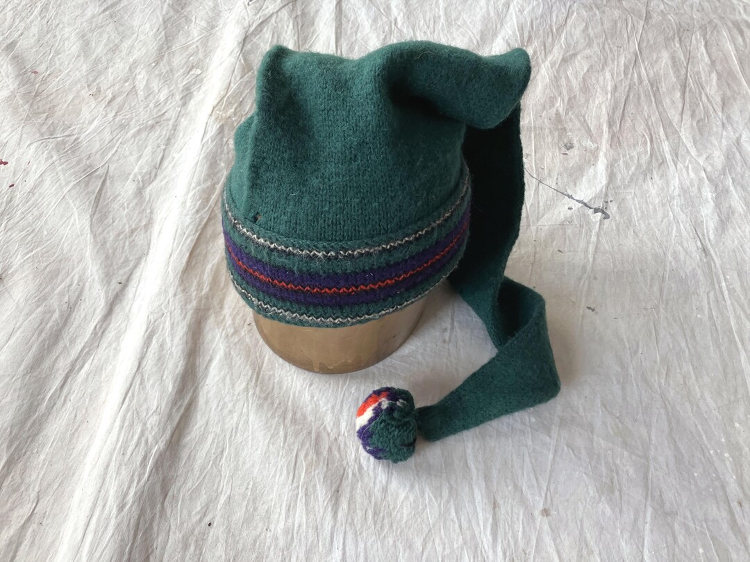 Vintage 40s / 50s Knit Long Stocking Cap / Green Striped Wool Winter ...