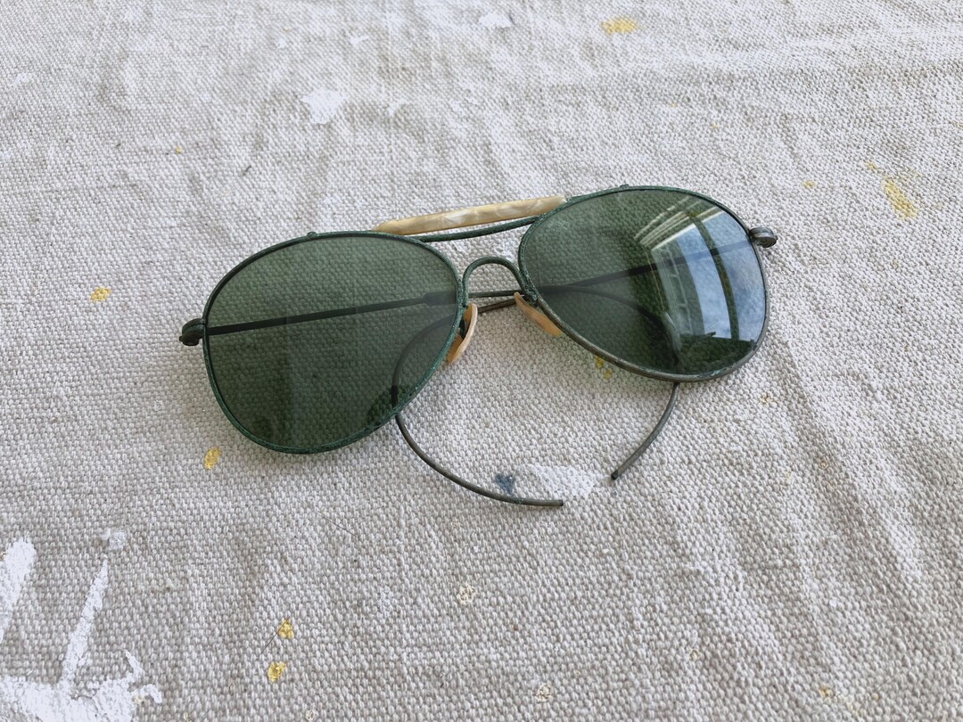 Vintage 40s Aviator Sunglasses / Dark Green Bottle Glass Tinted 1940s ...