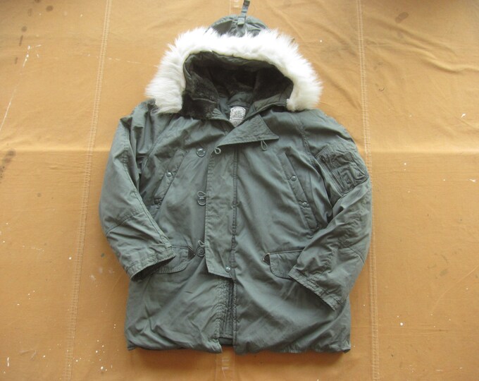 Medium 80s US Air Force N-3B Hooded Parka / Sage Green 1980s Fur Lined Hood, Quilted Insulated ...