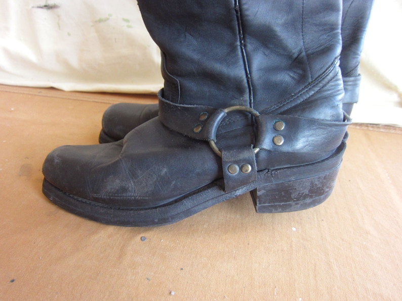 Men's 8 80s Black Leather Motorcycle Boots / Boulet Harness Ankle Strap ...