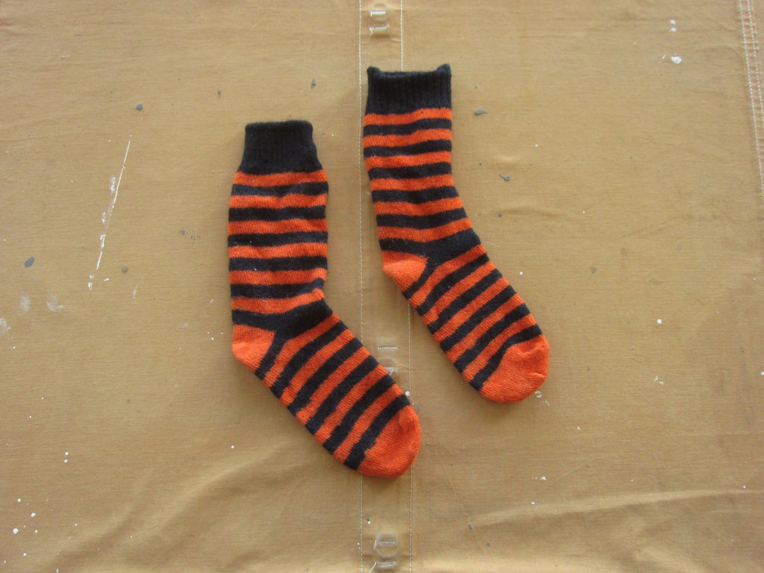 Medium 60s / 70s Striped Wool Knit Socks / Handmade Hand Knit Orange ...