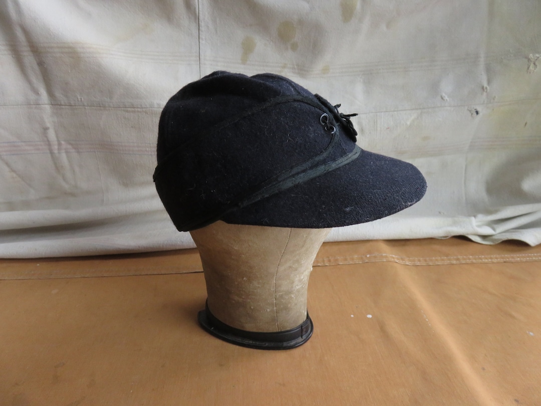 XS / Small 40s Wool Hunting Cap / Ear Flaps Navy Blue Wool Flannel ...