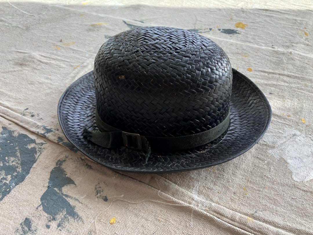 Small 30s / 40s Men's Black Straw Bowler Hat / Distressed Faded Black ...