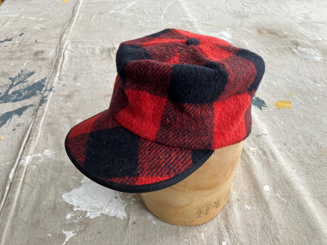XS / Small 70s Wool Plaid Hunting Hat / Red Black Buffalo Plaid Flannel ...