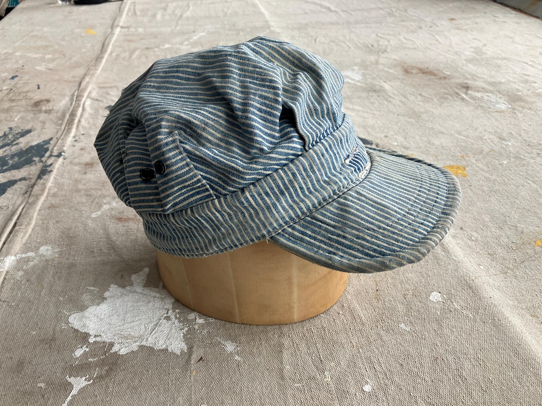 Large 50s / 60s Denim Railroad Hat / Blue White Striped 1950s 1960s ...