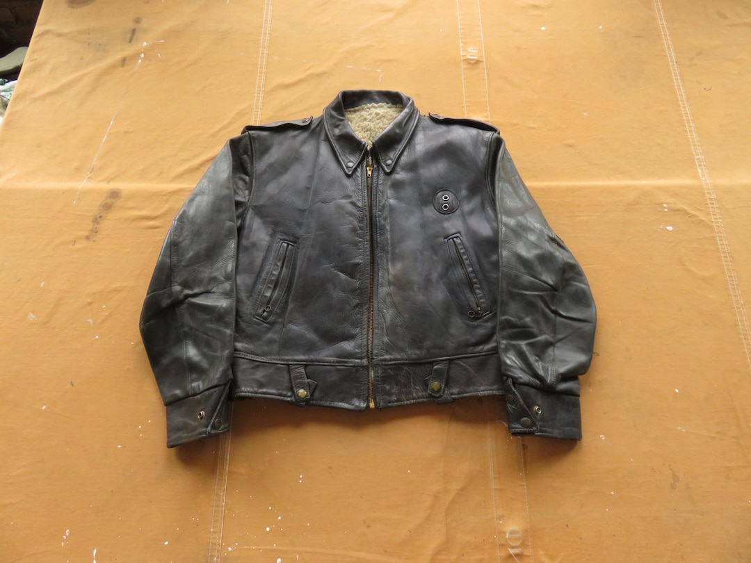 Medium 50s / 60s Police Black Leather Jacket / Cop Jacket State Patrol ...