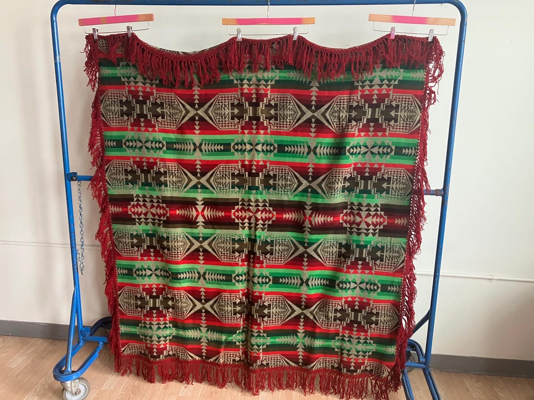 Antique Pendleton Beaver State Shawl Blanket / Red Green Gray Wool ...