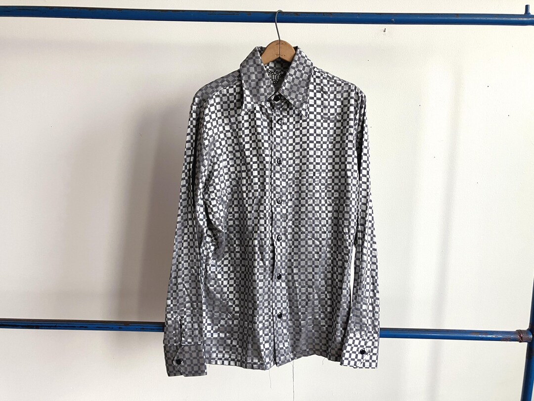 Medium 90s SERIOUS Metallic Silver Rave Shirt / Checkered Nylon Raver ...