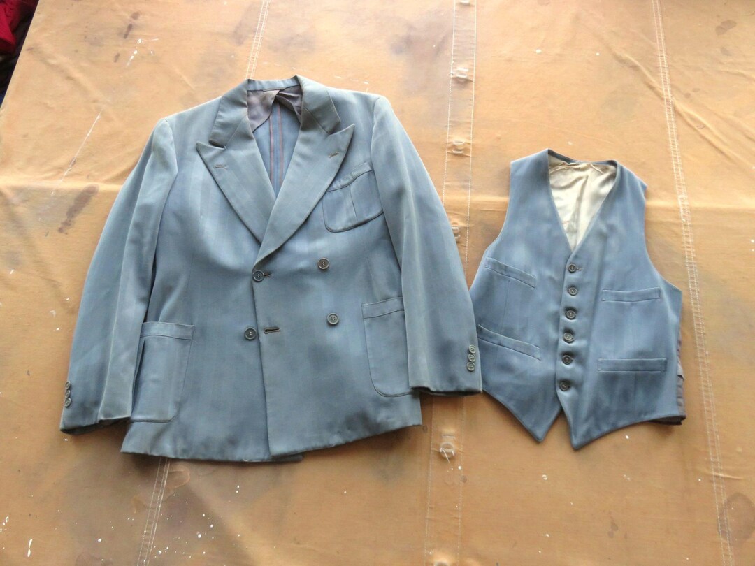 Small 20s / 30s Belt Back Suit Jacket and Waistcoat Vest / Blue Green ...