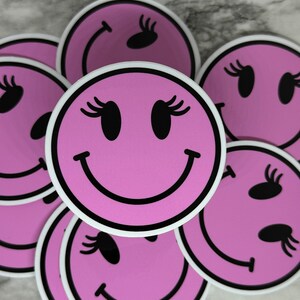 Round Smiley Face Sticker, Smiley Face With Lashes, Pink Smiley Face ...