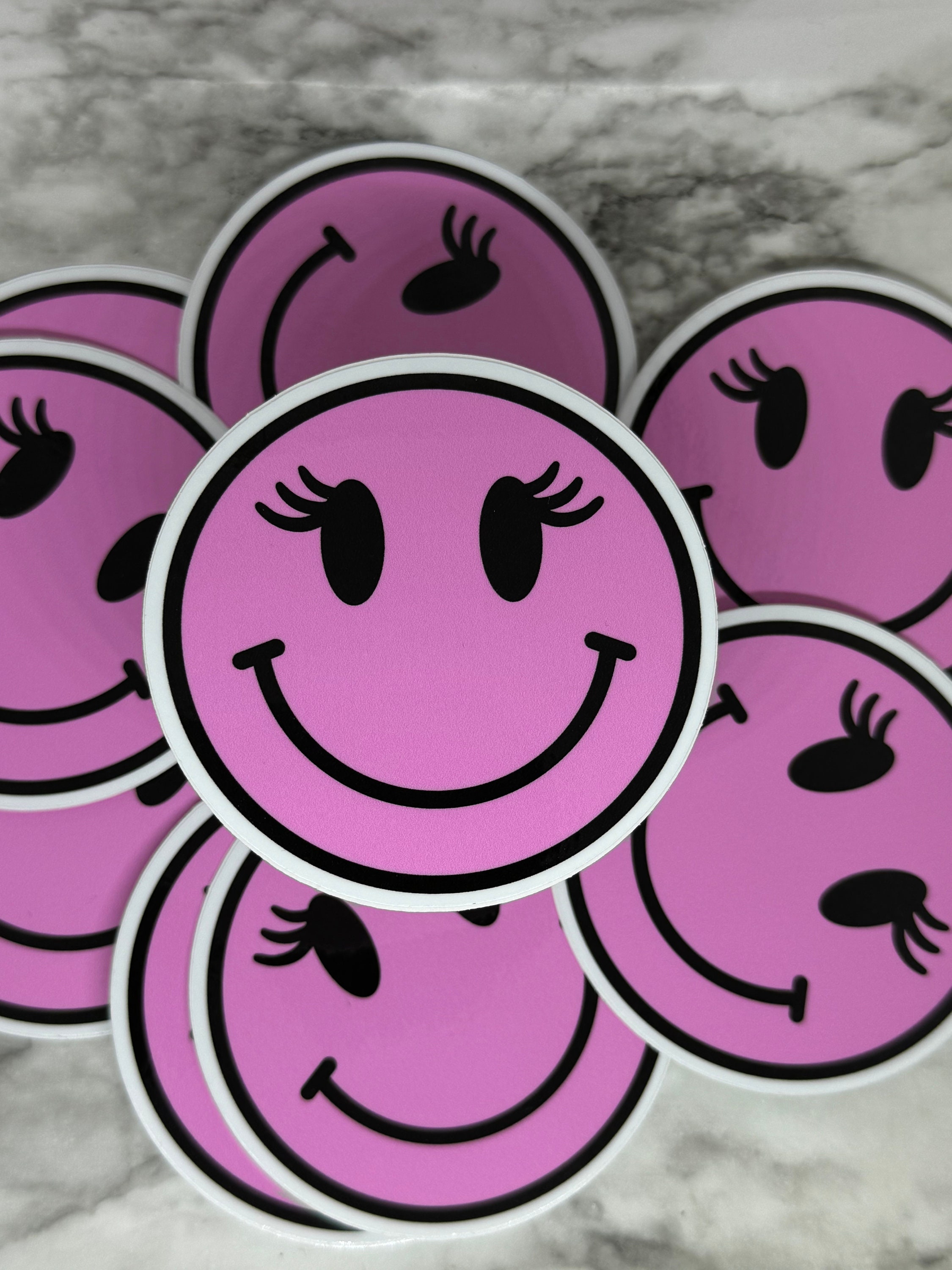 Round Smiley Face Sticker, Smiley Face With Lashes, Pink Smiley Face ...