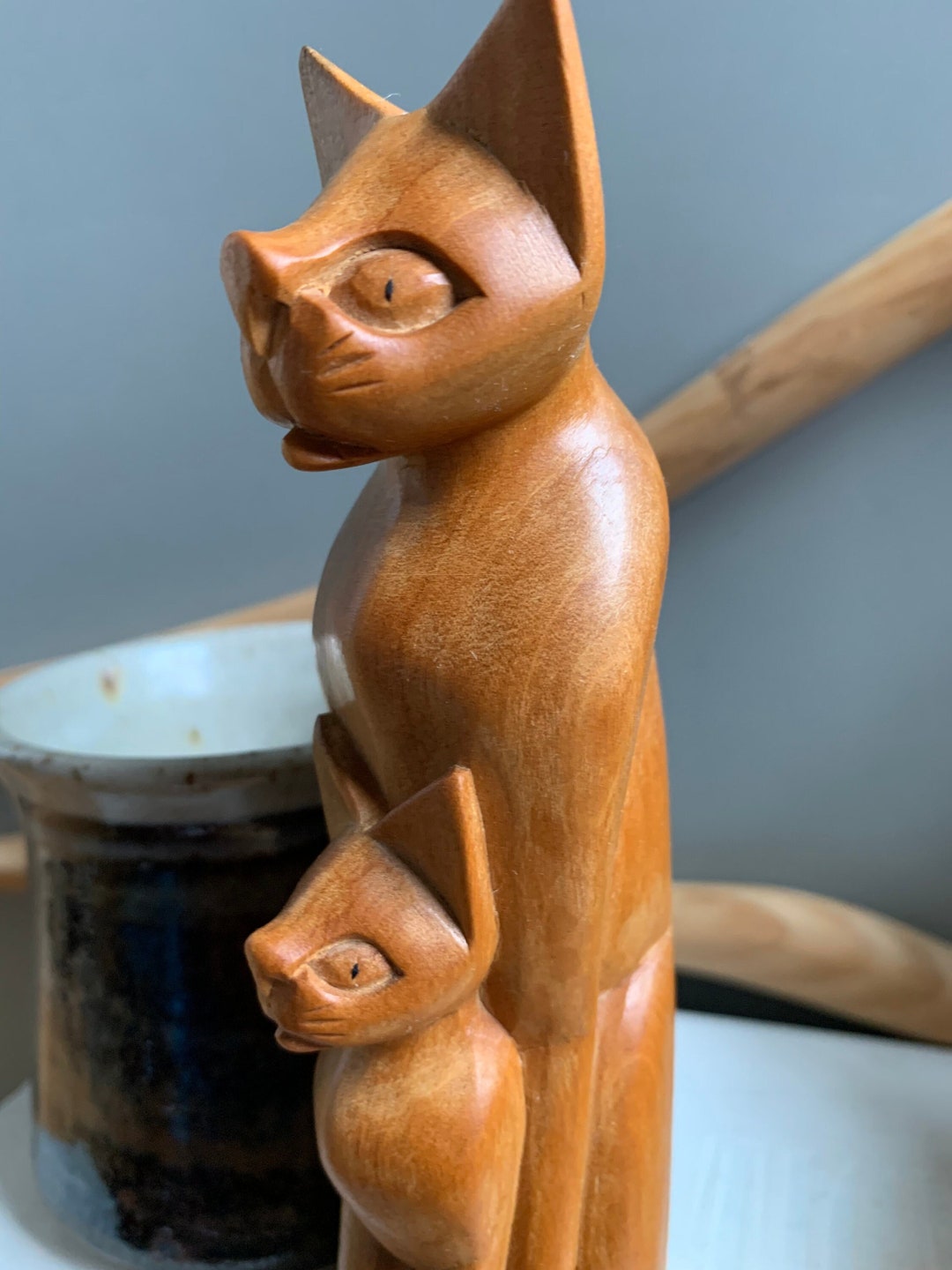 VINTAGE CAT STATUE, Hand Carved Wooden Mama Cat and Kitten Figurine for ...